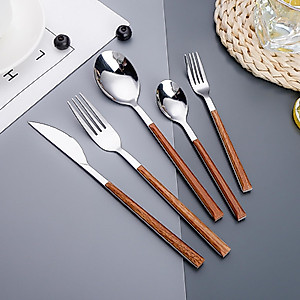Wooden Silverware Set With Wood Grain Handle 30 Pcs Flatware Sets Service for 6 Stainless Steel Home Kitchen Wedding Restaurant Cutlery Utensils Set Forks Spoons and Knives Delicate Tableware