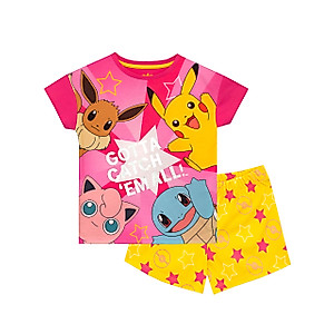Pokemon Pajamas | Pikachu Pajamas For Girls | Eevee Girls Pajamas | Girls Pajama Set | Short Sleeve Girls' Sleepwear | 7 Multicolored