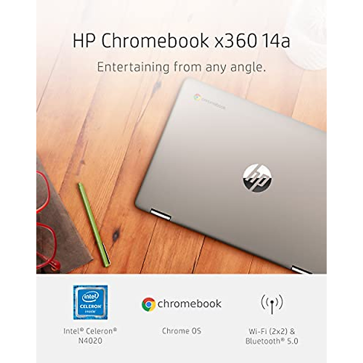 HP Chromebook x360 14 Laptop, Intel Celeron Processor, 4 GB RAM, 32 GB eMMC, 14” HD (1366 x 768), Chrome OS, Webcam & Dual Mics, Work, Entertainment, School, Long Battery Life (14a-ca0040nr, 2021)