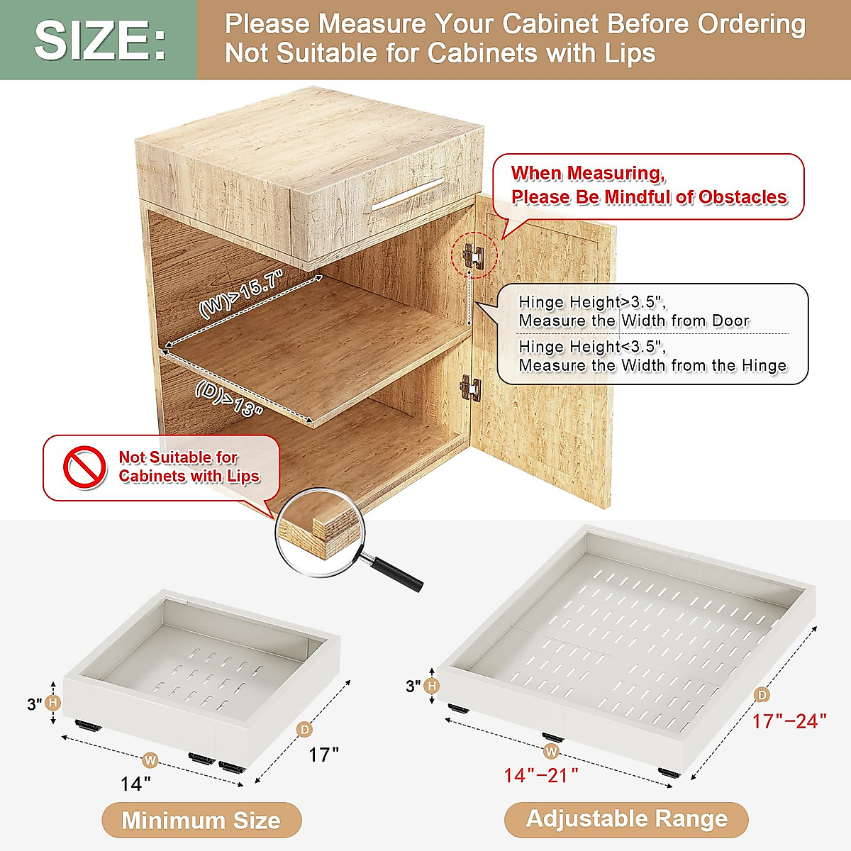 Pull out Cabinet Organizer,Width(14 "-21") and Depth(17"-24") Expandable With 3 Rails,Cabinet Roll out Drawers,No Drill Adjustable Slide out Drawers for Kitchen,Peel and Stick Pantry Pull out Shelves