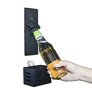 Magnetic Bottle Opener with Cap Catcher Container Bin, Removable Wall-Mounted Beer Bottle Opener, Portable Kitchen Fridge Magnet - Great for Mini Bar, Garage Refrigerator, Metal Surfaces (Black)
