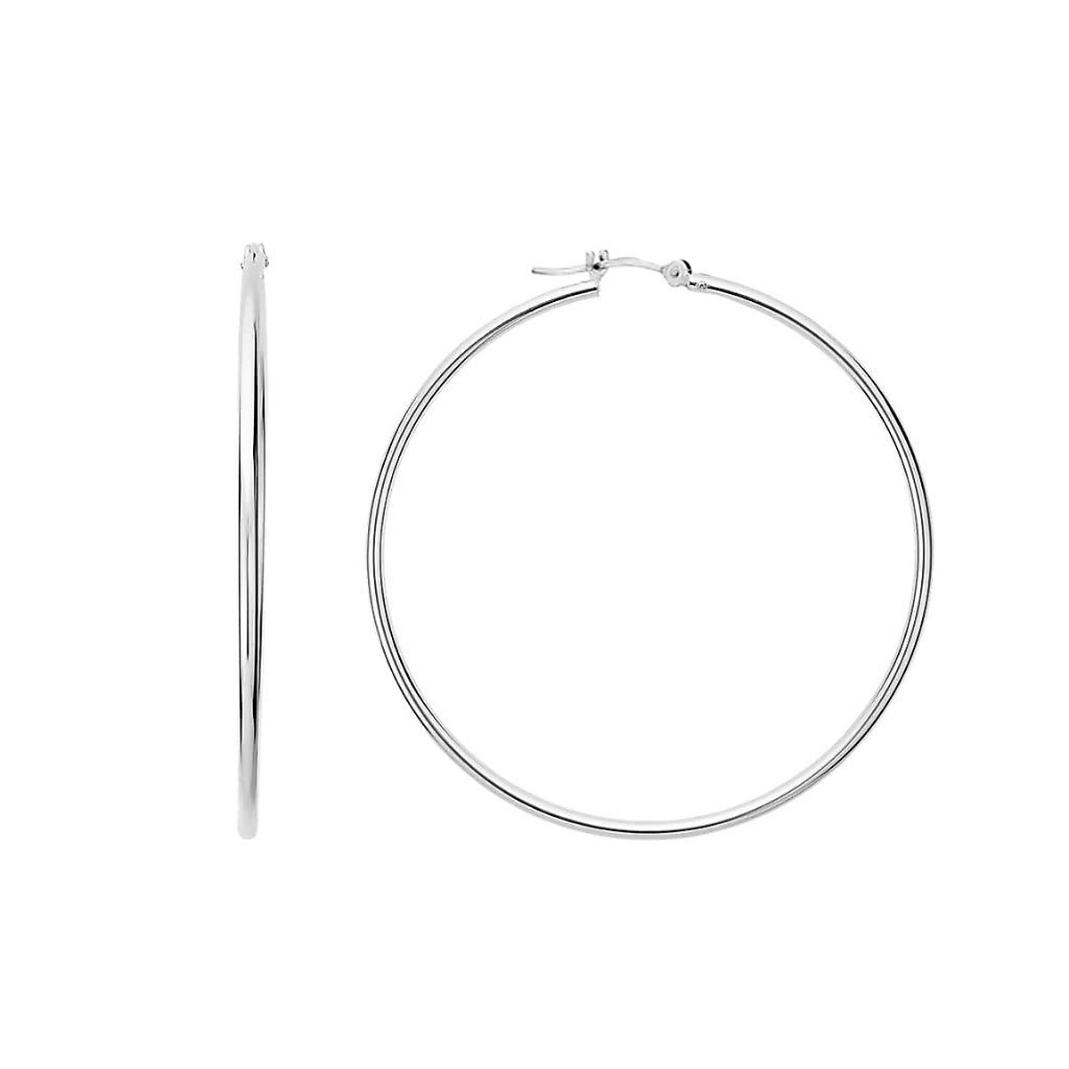 14k REAL White Gold 25MMx1.5MM Thickness Classic Polished Round Tube Hoop Earrings with Snap Post Closure For Women