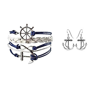 Infinity Collection - Nautical Anchor Charm Earrings & Bracelet for Women, Navy and White Anchor Braided Bracelet - Weaved Leather Rope with Ship Wheel, Infinity, and Anchor Charm Bracelet