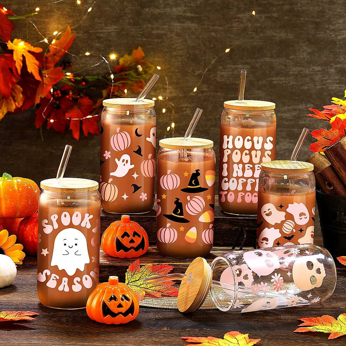 RimCereal 6 Pcs Ghost Halloween Cup Bulk 16 oz Pastel Halloween Ghost Decorations Mug Cute Halloween Gifts Spooky Iced Coffee Can Tumbler with Straw and Bamboo Lid Halloween Stuff for Women Men