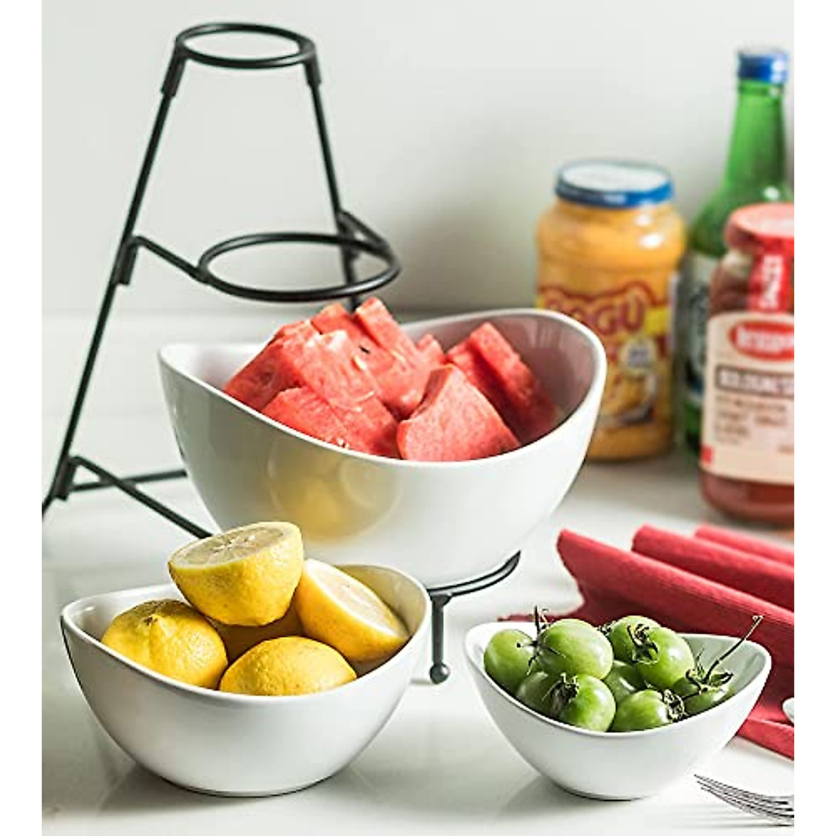 YHOSSEUN 3 Tier Serving Stand Tiered Oval Bowl Stand with 3 Oval Porcelain Serving Bowl Set with Collapsible Thicker Sturdier Metal Rack (Black)