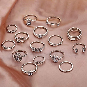 15pcs Vintage Star & Moon Knuckler Ring Silver Joint Knuckle Ring Set for Women and Girls, Midi Ring Bohemian Knuckle Ring Sets Fashion Finger Vintage Silver Stackable Rings Knuckle Midi Rings Silver