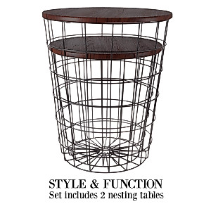 End Tables Set of 2 - Nesting Tables with Removable Wood Tops and Metal Basket Bases for Blanket Storage - Round Side Tables for Living Room, Bedroom, or Home Office by Lavish Home (Cherry/Black)