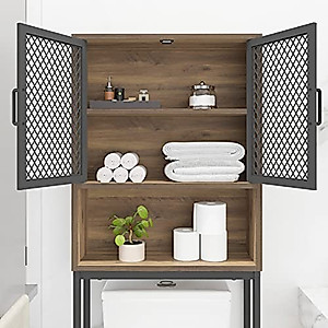 Launica Bathroom Organizer Over Toilet, Over The Toilet Storage Cabinet, Wood Metal Bathroom Space Saver Stand Behind Toilet, Industrial Freestanding Bathroom Rack Above Toilet Wtih Shelf, Rustic Oak