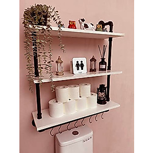 ROGMARS Industrial Pipe Shelving Floating Bathroom Shelves with Towel Bar Over Toilet,3 Tier 30 inch Retro White Rustic Farmhouse Pipe Wall Shelves for Kitchen Storage (30inch 3 Tier)
