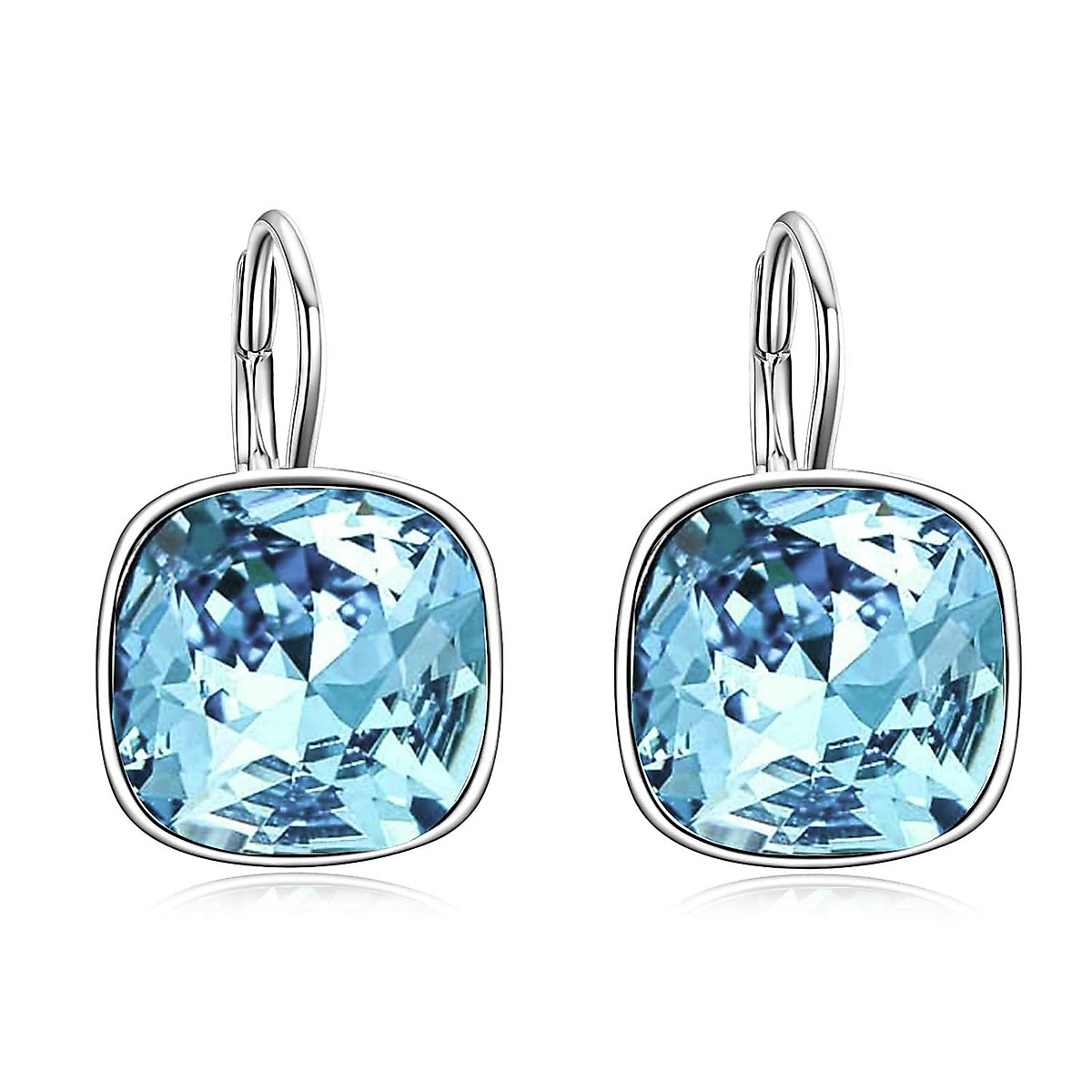 AOBOCO Sterling Silver Leverback Earrings with Simulated March Birthstone Crystals from Austria, Hypoallergenic Simulated Aquamarine Earrings, Fine Birthday Jewelry Gifts for Women Grandma Wife Mom