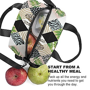 Tropical Palm Leaves and Exotic Leopard Printed Lunch Box Tote Bag with Handles and Shoulder Strap for Men Women Work Picnic