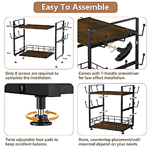 PONEYA 2 Tier Coffee Bar Organizer for Countertop, Coffee Mug Holder with 12 Hooks, Space-Saving Coffee Cup Stand for Storage Cups, Mugs, Syrups, Tea Bag, Kitchen Home Accessories