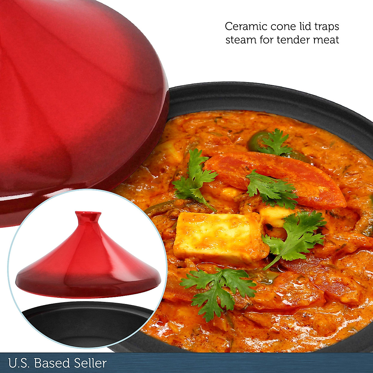 Potted Pans 3.3 QT Enameled Cast Iron and Ceramic Tajine Cooking Pot - Moroccan Tagine Pot Stovetop Tandoori Oven