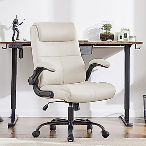 Office Chair - Ergonomic Executive Computer Desk Chair with Flip-up Armrest, Mid Back PU Leather 360° Swivel Task Chair with Lumbar Support and Wheels, Metal Base