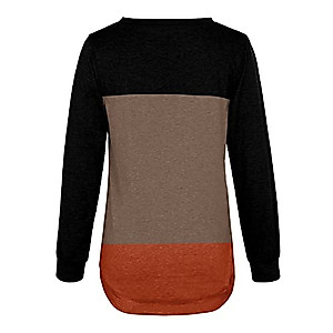 TEMOFON Women's Tops Long Sleeve Color Block Top Casual Loose Crew Neck Soft Blouse Tunic T-Shirts Khaki Block M