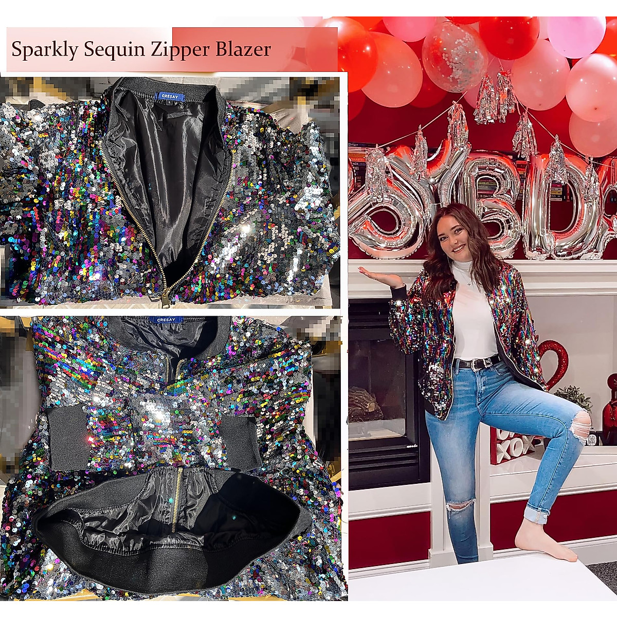 Cresay Women's Sequin Fitted Long Sleeve Zipper Blazer Bomber Jacket-Rainbow S