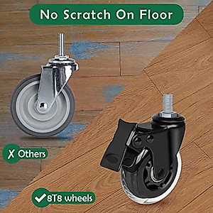 8T8 3 Inch Rubber Caster Wheels Heavy Duty with Brakes, 1/2''-13 x 1" Threaded Stem Casters Set of 4 (Screw Diameter 1/2", Length 1"), Quiet and Smooth Rolling Castors for Furniture Hardwood Floors