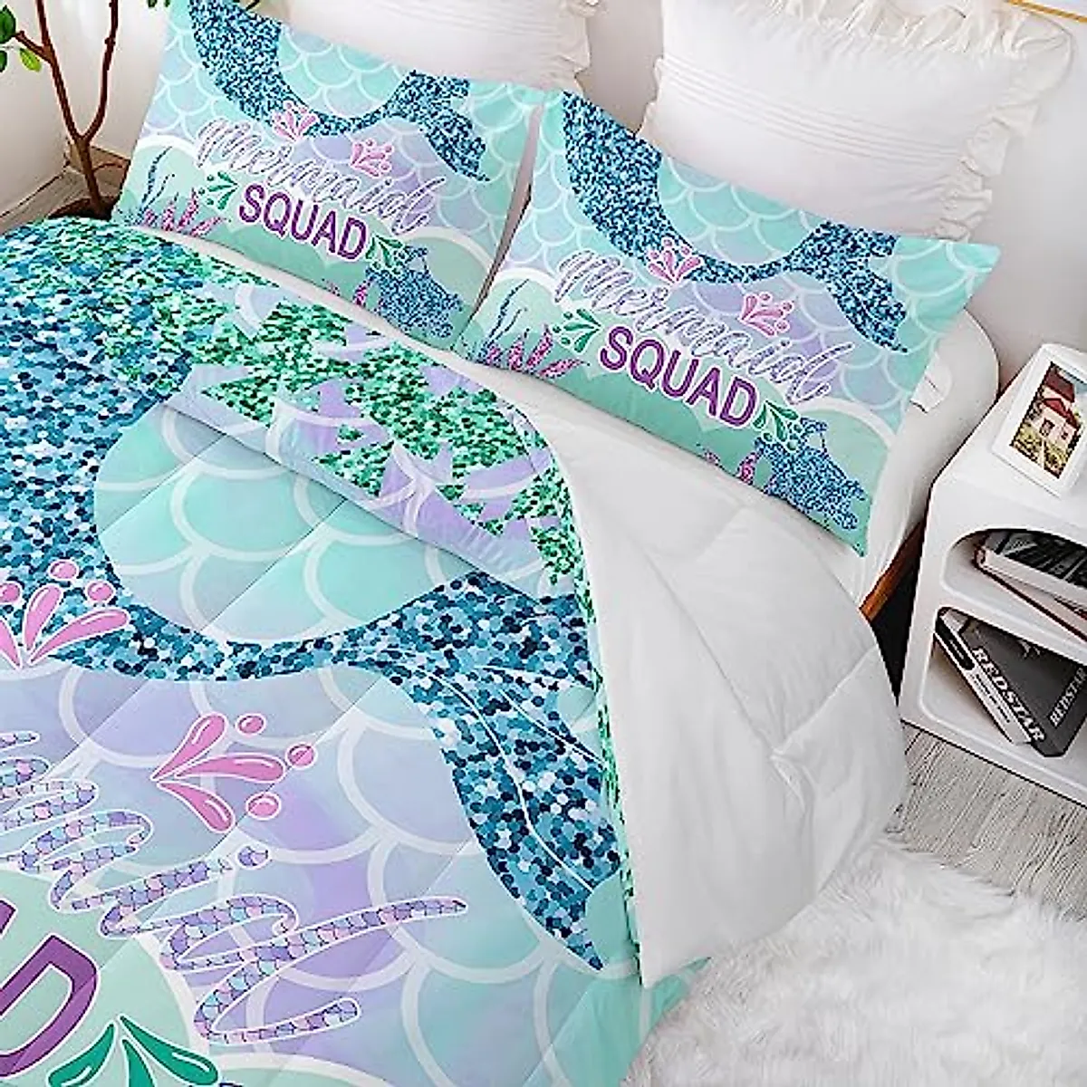 KTAbedding Mermaid Tail Comforter Sets Twin size Bedding Sets for Girls Teens Kids Teal,Easy Care,Cozy Lightweight,1 Comforter&2 Pillowcases Bed-in-a-Bag 3 pieces