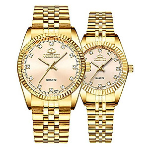 MASTOP Couple Watches Classic Golden Stainless Steel Watch His and Hers Waterproof Quartz Watch (Full Gold)