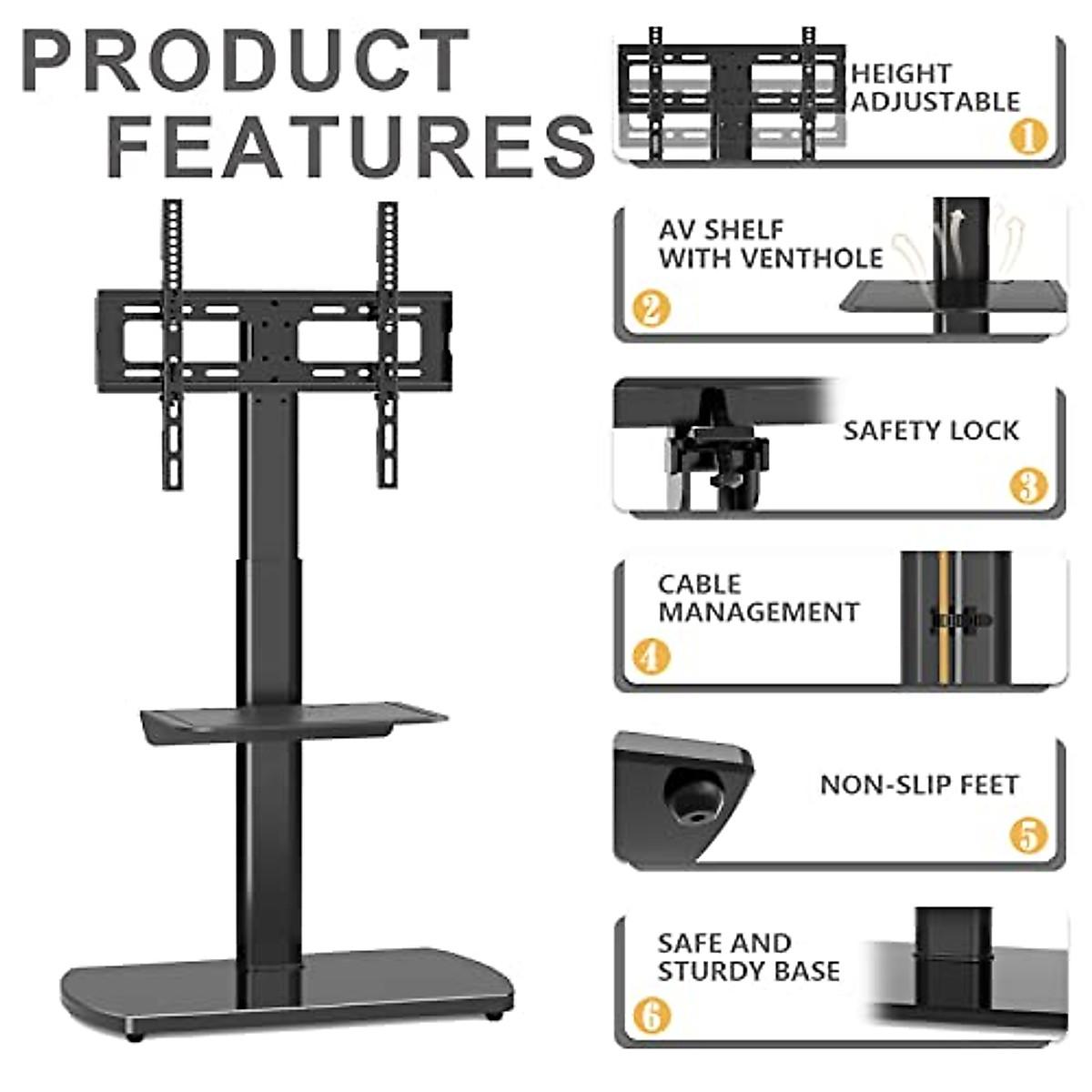TVON Universal Floor TV Stand with Swivel Mount for 32-65 Inch TVs, TV Mount Stand for Bedroom and Corner with Height Adjustable Shelf and Tempered Glass Base, Black