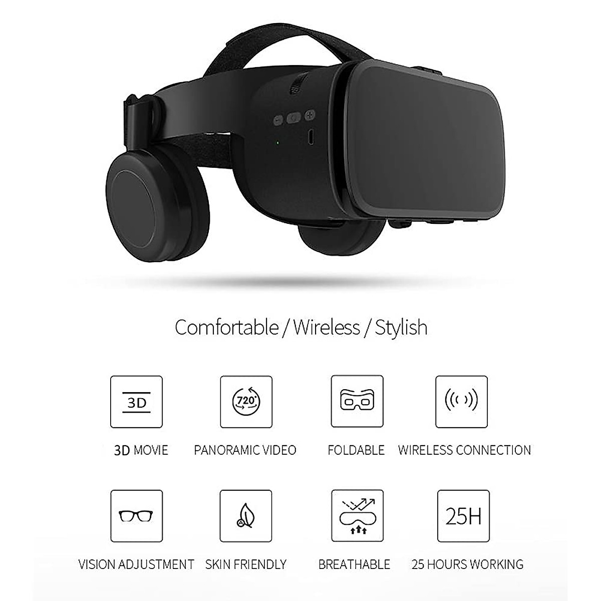 LONGLU VR Headset Compatible for iPhone and Android Phone, 3D Glasses Virtual Reality with Wireless Bluetooth Earphone for Movies and Video Games, Private iMax, VR Helmet Stereo for Android 4.7-6.2