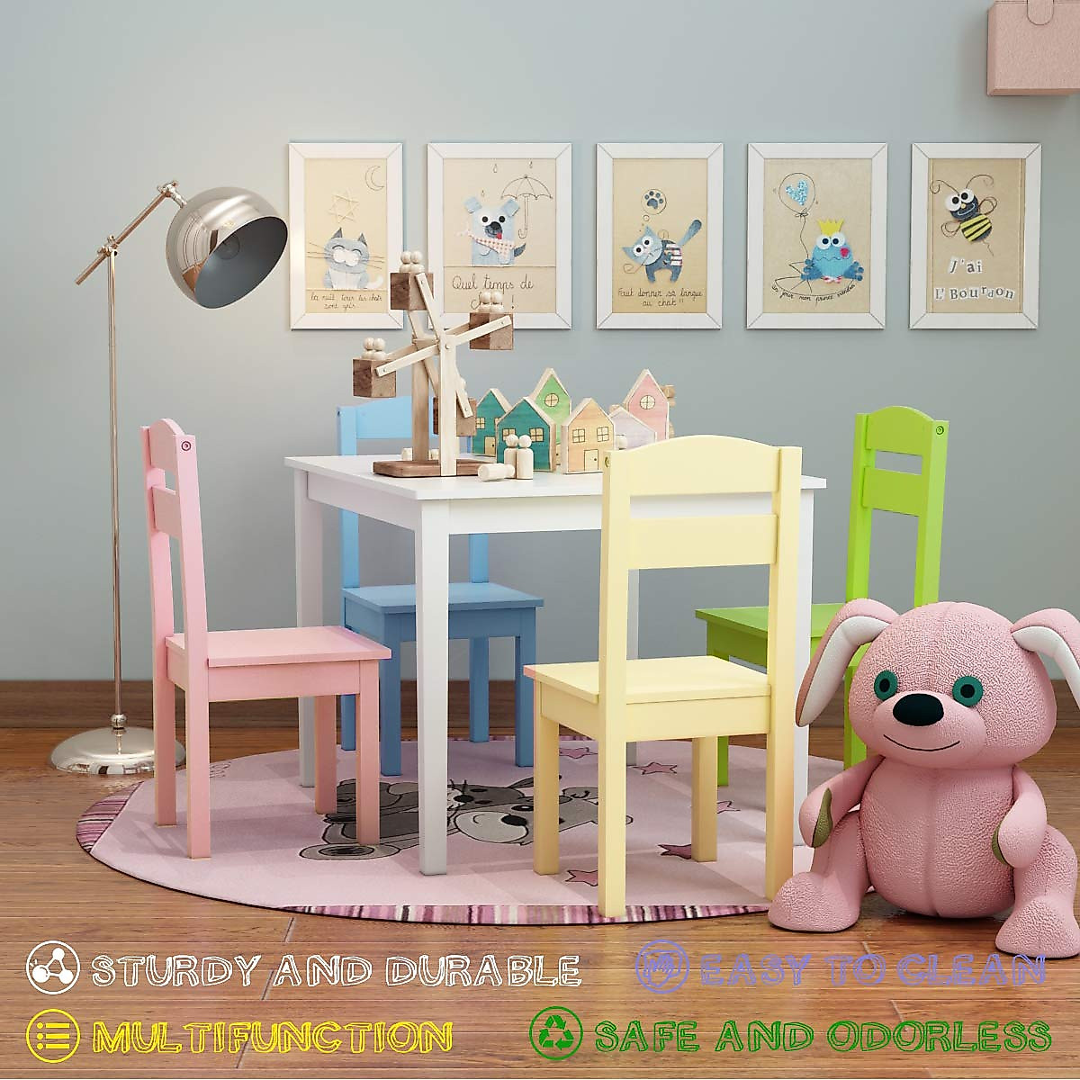 Nightcore Kids Wooden 4, Activity 2 to 6 Years, Toddler Game, Playroom Furniture, Picnic w/Chairs, Solid Wood 5 Piece Dining Table Set, White & Pastel