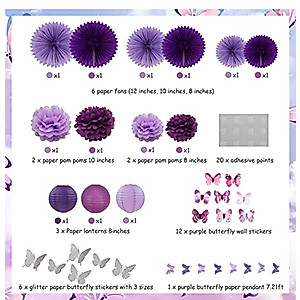 Butterfly Lavender Party Decorations Purple for Girl Women with Purple Butterfly Paper Garland Hanging Paper Fans Purple Lanterns and Honeycomb Balls for Birthday Party Bridal Showers and Wedding