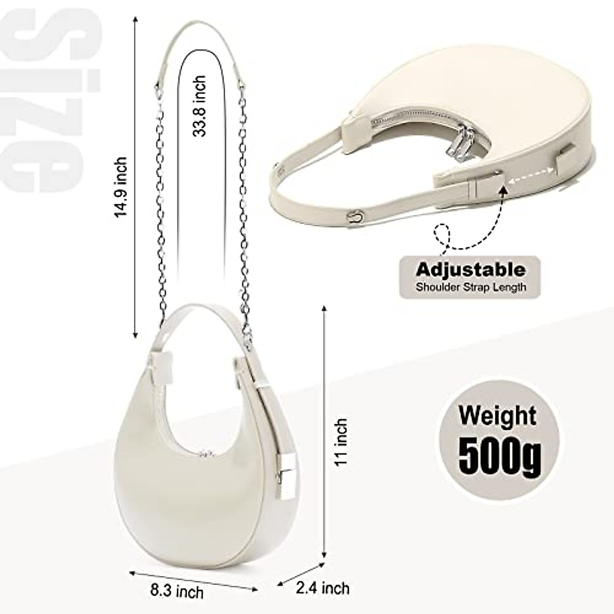 Shoulder Bags Handbag for Women, Crossbody Bag Detachable Shoulder Strap Soft PU Leather Zipper Closure - Milky White