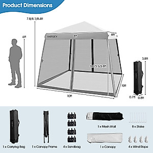Tangkula 10x10 Ft Pop Up Canopy with Netting, Slanted Leg Outdoor Canopy with Roller Bag, 4 Sand Bags, 8 Stakes, 4 Ropes, Instant Canopy Tent with Easy Set-up Center Lock for Patio (Grey)