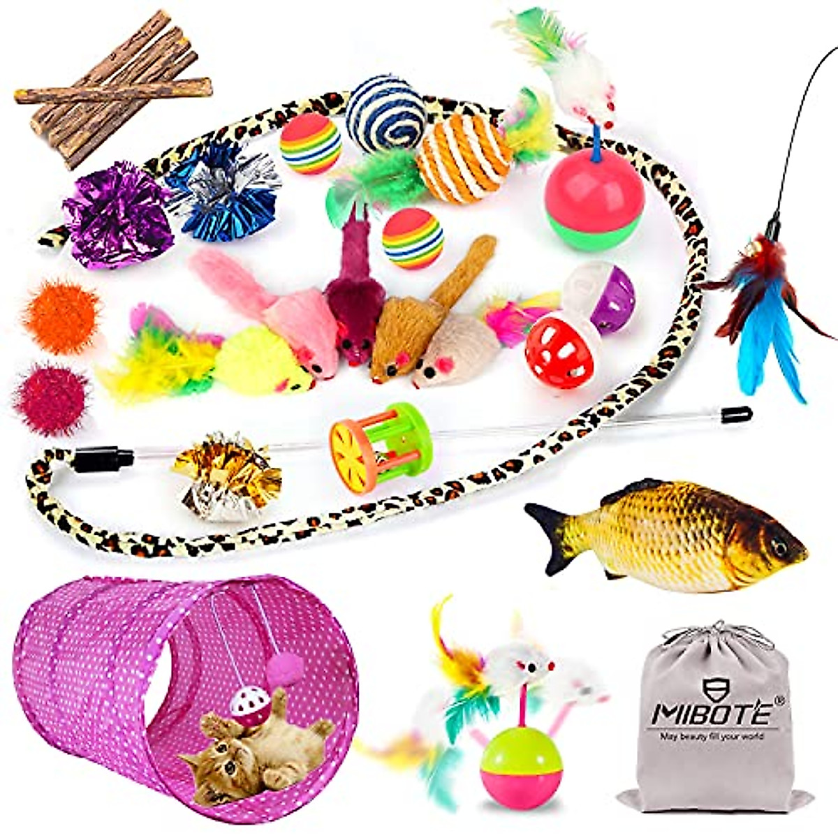 MIBOTE 28Pcs Cat Toys Kitten Toys Assorted, Cat Tunnel Catnip Fish Feather Teaser Wand Fish Fluffy Mouse Mice Balls and Bells Toys for Cat Puppy Kitty