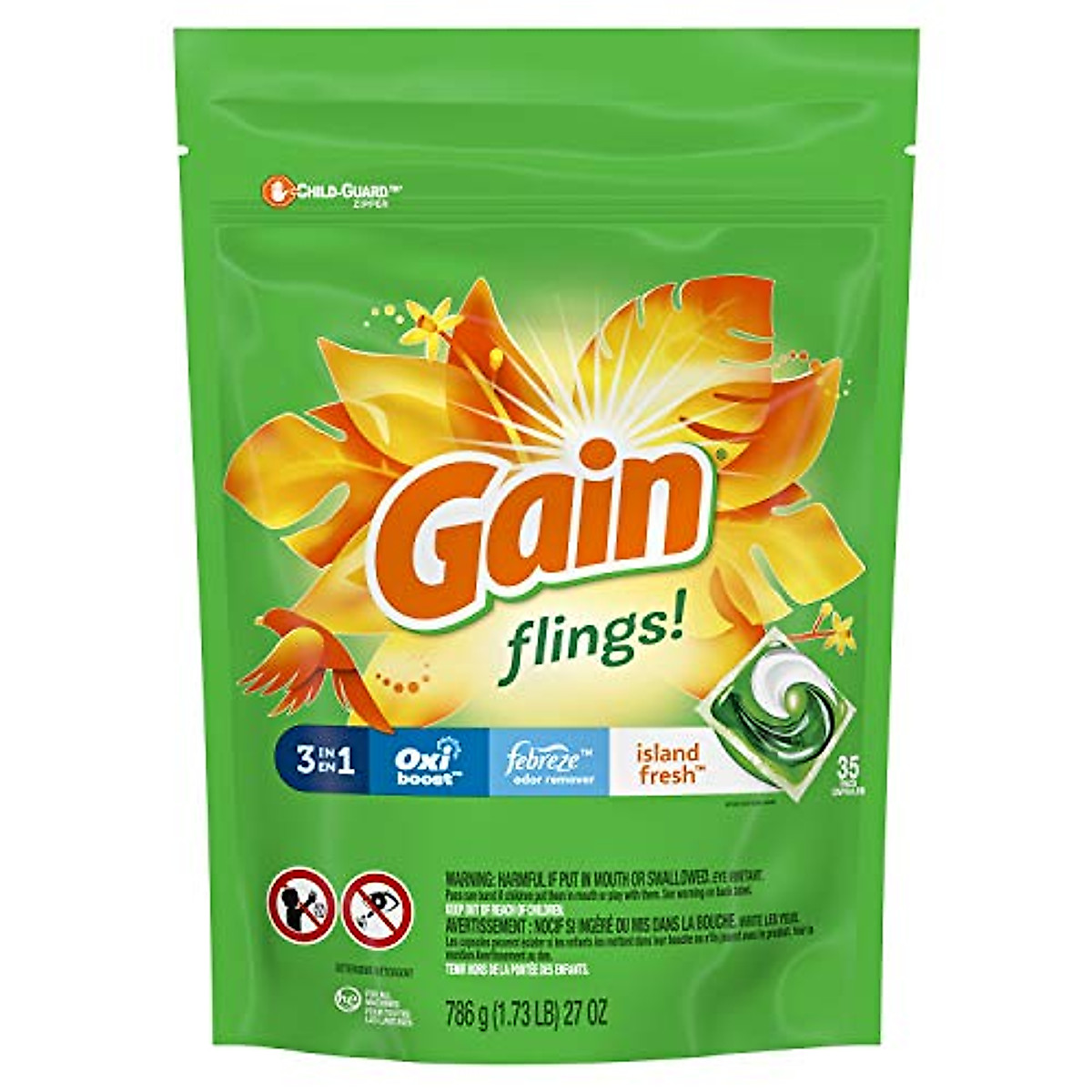 Gain Flings Liquid Laundry Detergent, Island Fresh Scent, 35 Count, HE Compatible