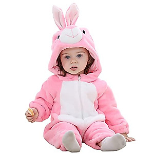 seemehappy Cute Bunny Panda Fleece Baby Bodysuit – Infant Warm One Piece Kids Hooded Romper Outerwear Toddler Jacket-Bunny,6-12 Months