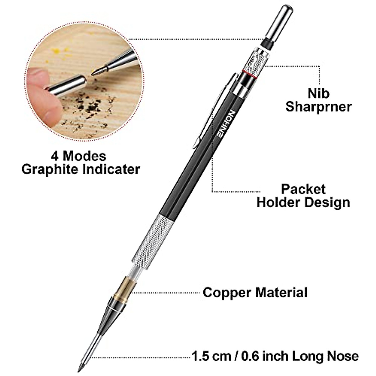 Enhon 2 MM Carpenter Pencils Set with 12 Marker Refills and Sharpener, Mechanical Carpenter Pencil Woodworking Marking Tool Solid Deep Hole Construction Pencil, Extended Needle-Nose Tip (Black)