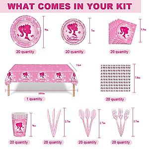 161CT Pink Girl Babe Happy Birthday Party Supplies Babe Head Paper Plates Cups Straw Napkins Spoon Fork knives Tablecloth Hot Pink Girl Party Decorations Tableware for 20 Guests for Bday Baby Shower