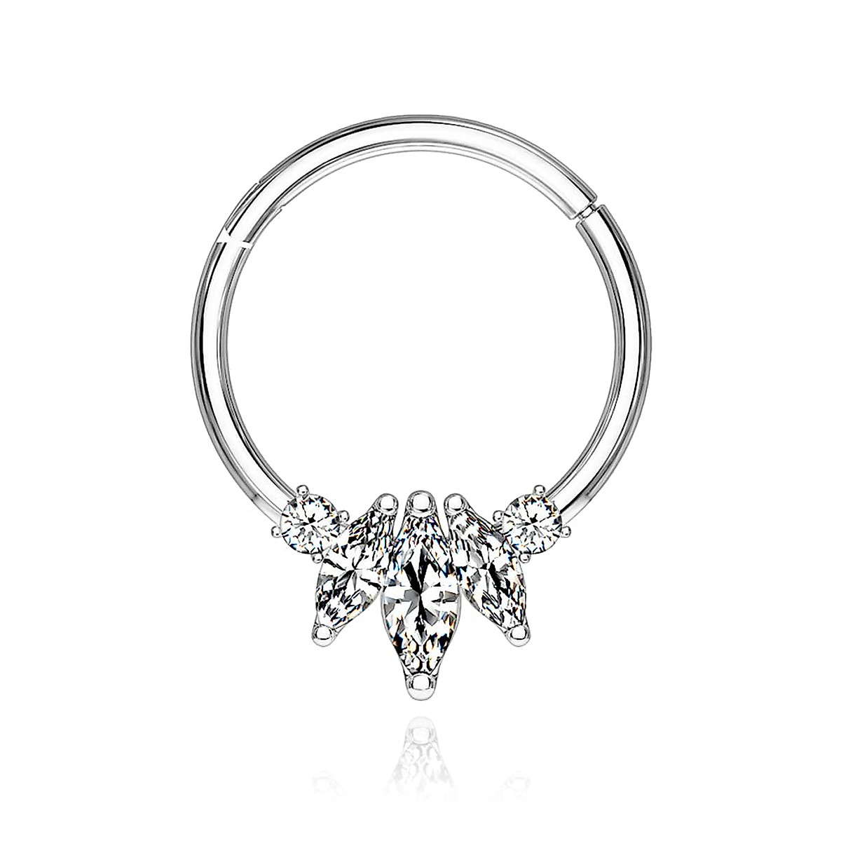 14k Solid Gold 0.09ct Marquise/ 0.04ct Round Diamond Cluster Clicker Huggie Hoop, Helix Daith Tragus Cartilage Septum Ring, Gift For Women. (Rose Gold, 14K Gold)