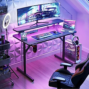 MOTPK Small Gaming Desk with LED Lights & Power Outlets, 31 Inch Computer Desk Gaming Table with Monitor Shelf, Gamer Desk with Carbon Fiber Texture, Kids Boys Desk Gift for Men