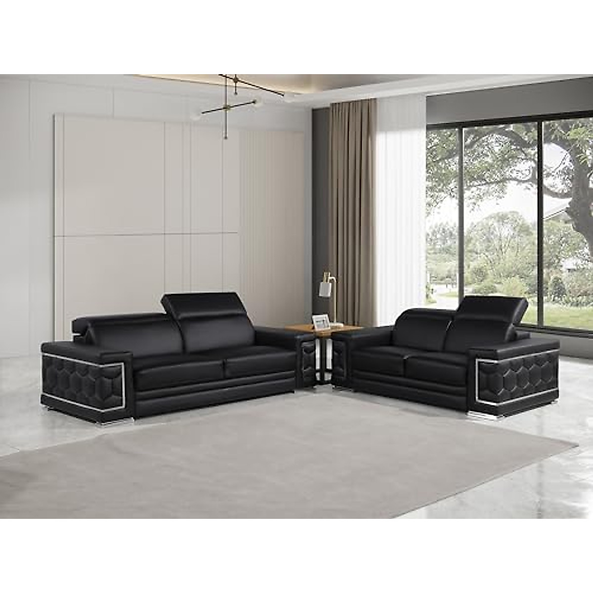 Blackjack Furniture Soren Genuine Leather Upholstered Loveseat with Adjustable Headrests, Solid Brazilian Wood Frame and High Density Foam Cushioning, Black