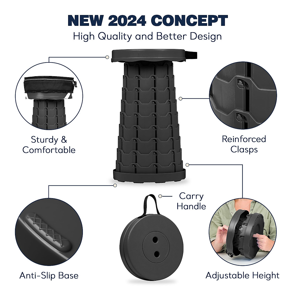 Upgraded Collapsible Stool With 3-in-1 Backpack, Cushion & Beverage Holder- Perfect Lightweight Yet Strong & Sturdy With Load Capacity 400lbs Retractable Stool For Camping, Hiking & Fishing (Black)