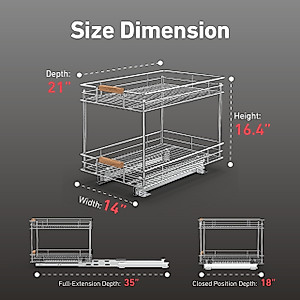 Mount Walker Pull Out Cabinet Organizer(14" W x 21" D), 2 Tier Slide Out Cabinet Shelves with Wood Handle, Sliding Drawer Pull Out Storage Shelf for Cabinet, Chrome