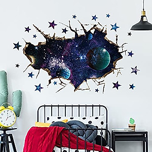 ASMPIO 3D Space Galaxy Wall Decor Stickers, Removable Broken Outer Space Planet Waterproof Vinyl Floor Decals, 3D Art Magic Wall Mural Decals for Kids Bedroom Living Room Nursery Home Wall Decor