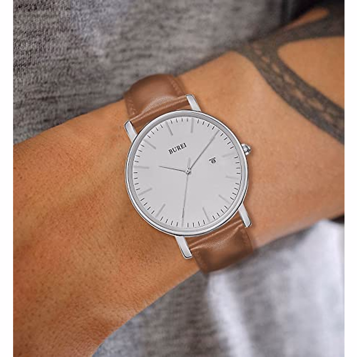 BUREI Men's Fashion Wrist Watch Minimalist Simple Watches for Men Ultra Thin Watch Analog Quartz Watches Leather Strap Watches with Date (Silver Brown)