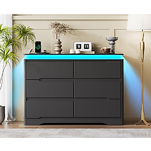 Fameill Black Dresser for Bedroom, 6 Drawer Dresser with LED Lights, Modern Dresser Organizer with Charging Station, Double Wide Chest of Drawers for Living Room, Entryway