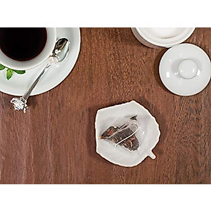 HIC Kitchen Tea Bag Holder Resting Caddy, Fine White Porcelain, Leaf Design, Set of 2