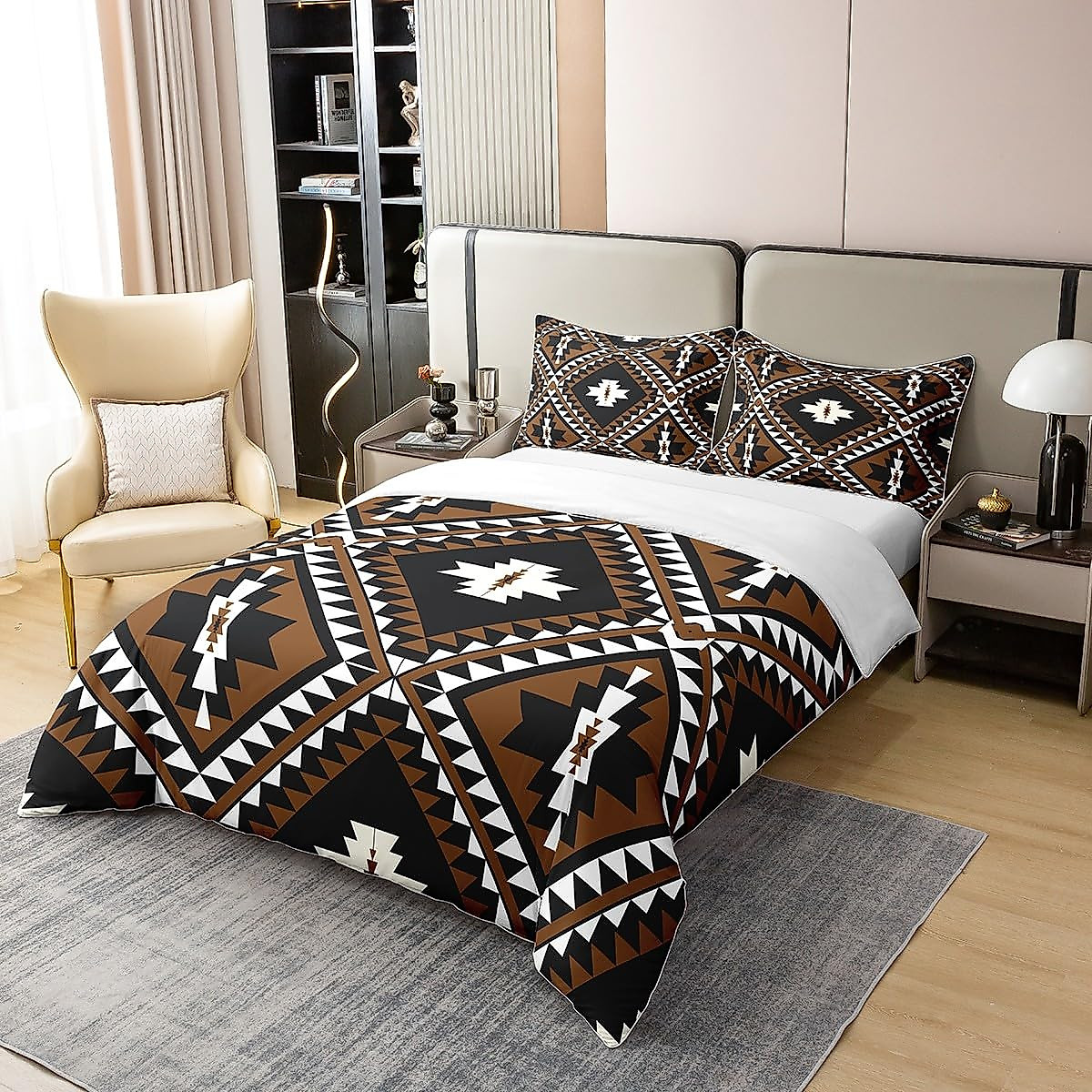 100% Cotton Rustic Western Queen Bedding Set for Men,Southwestern Aztec Comforter Cover Bohemian Duvet Cover Ethnic Mexican Style Geometric Diamond Quilt Cover Brown Black White Farmhouse Room Decor