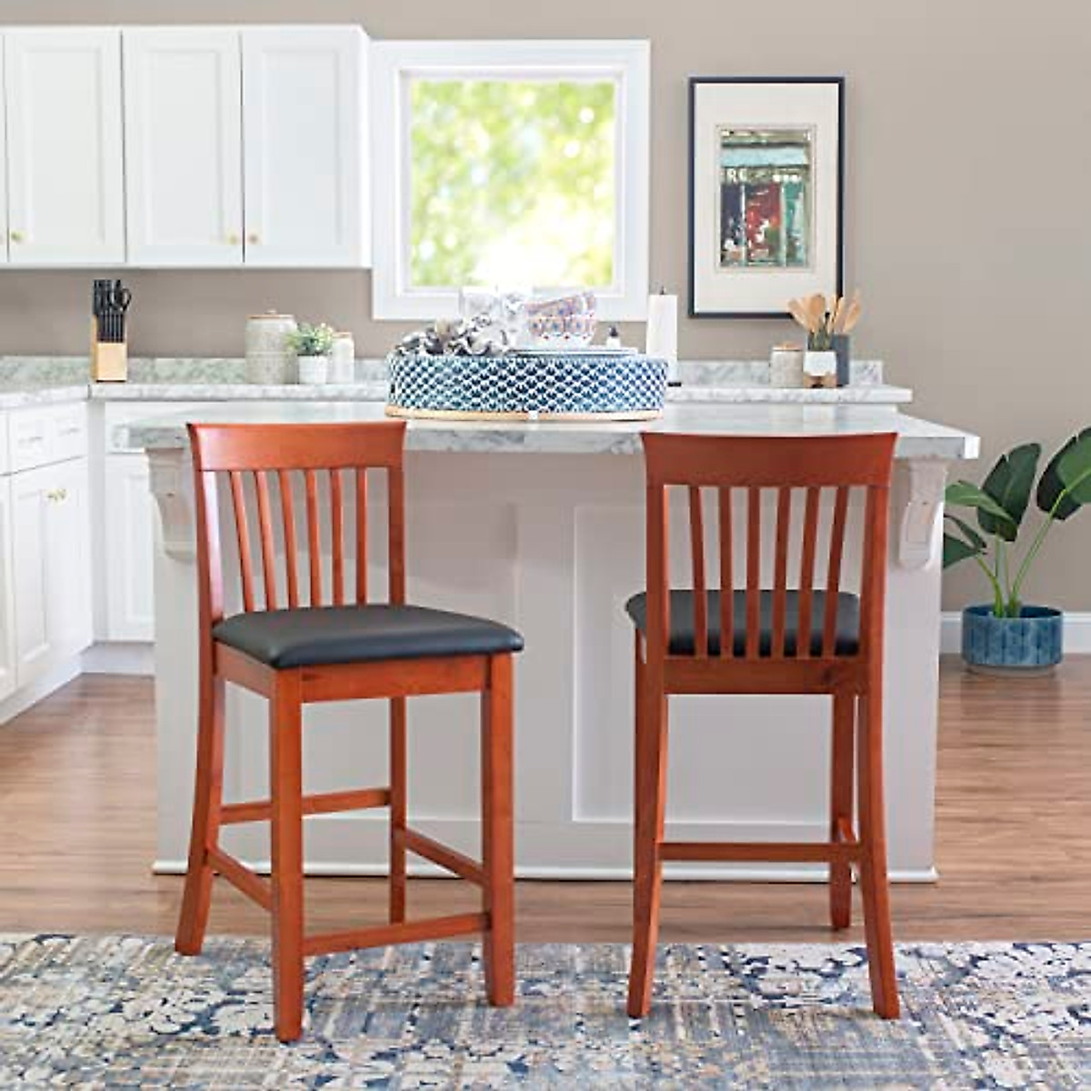 Linon Triena Red Cherry Wood Black Vinyl Padded Seat - 24 inch