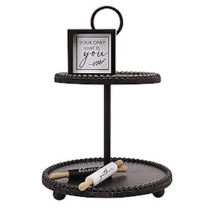 Defined Deco Beaded Black Tiered Tray with 3pcs Tiered Tray Decor for Farmhouse Home Decor, Two Tiered Serving Tray Stand with Decorative Signs and Wooden Plaques for Farmhouse Kitchen Decor