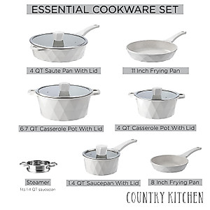Country Kitchen Nonstick Induction Cookware Sets - 11 Piece Cast Aluminum Pots and Pans with BAKELITE Handles And Glass Lids (Cream)
