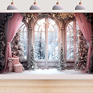 Pink Curtain Winter Xmas Photo Background Christmas Winter Snow Forest Window Photography Background Family Holiday Party Decorations Baby Shower 1st Birthday Backdrop,8X6FT