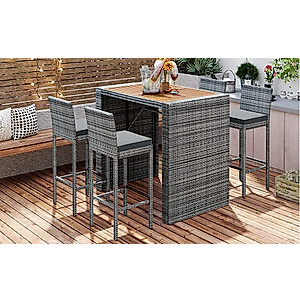Tidyard 5-Pieces Outdoor Patio Wicker Bar Set, Bar Height Chairs with Non-Slip Feet and Fixed Rope, Removable Cushion, Acacia Wood Table Top Dining Set for Garden Patio Balcony