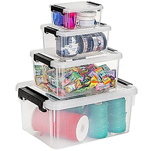 Jucoan 4 Pack Clear Plastic Storage Bin with Lid and Black Buckles, 8.5/4.5/1/0.5 Quart Stackable Plastic Latch Bin Tote Container for Snack Toy Crafts Art Supplies